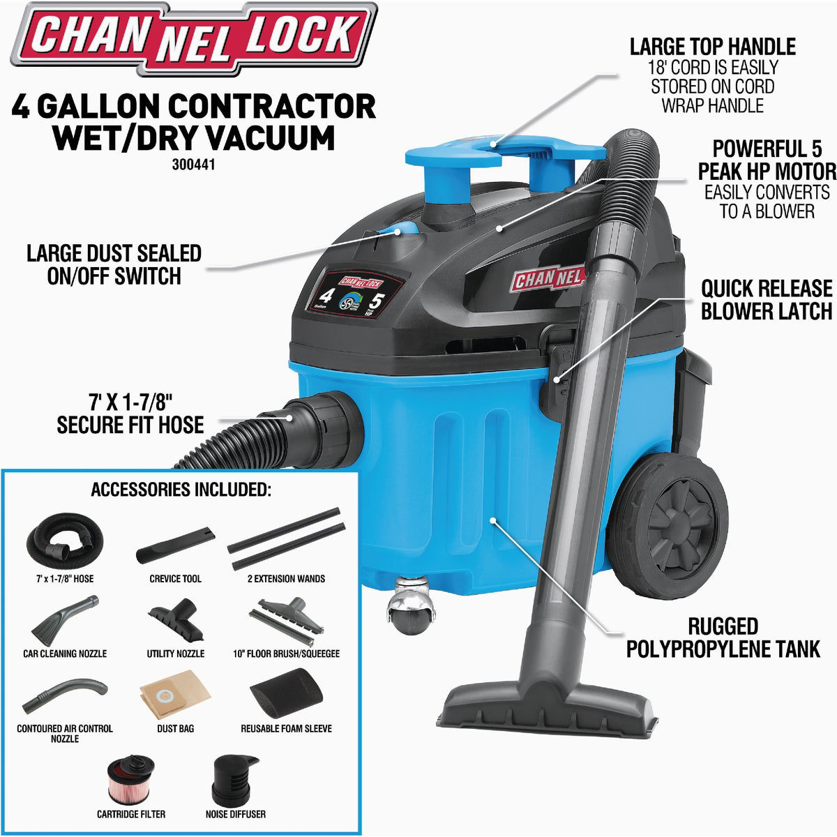 Channellock 4 Gal. 5.0-Peak HP Contractor Wet/Dry Vacuum | Do it Best