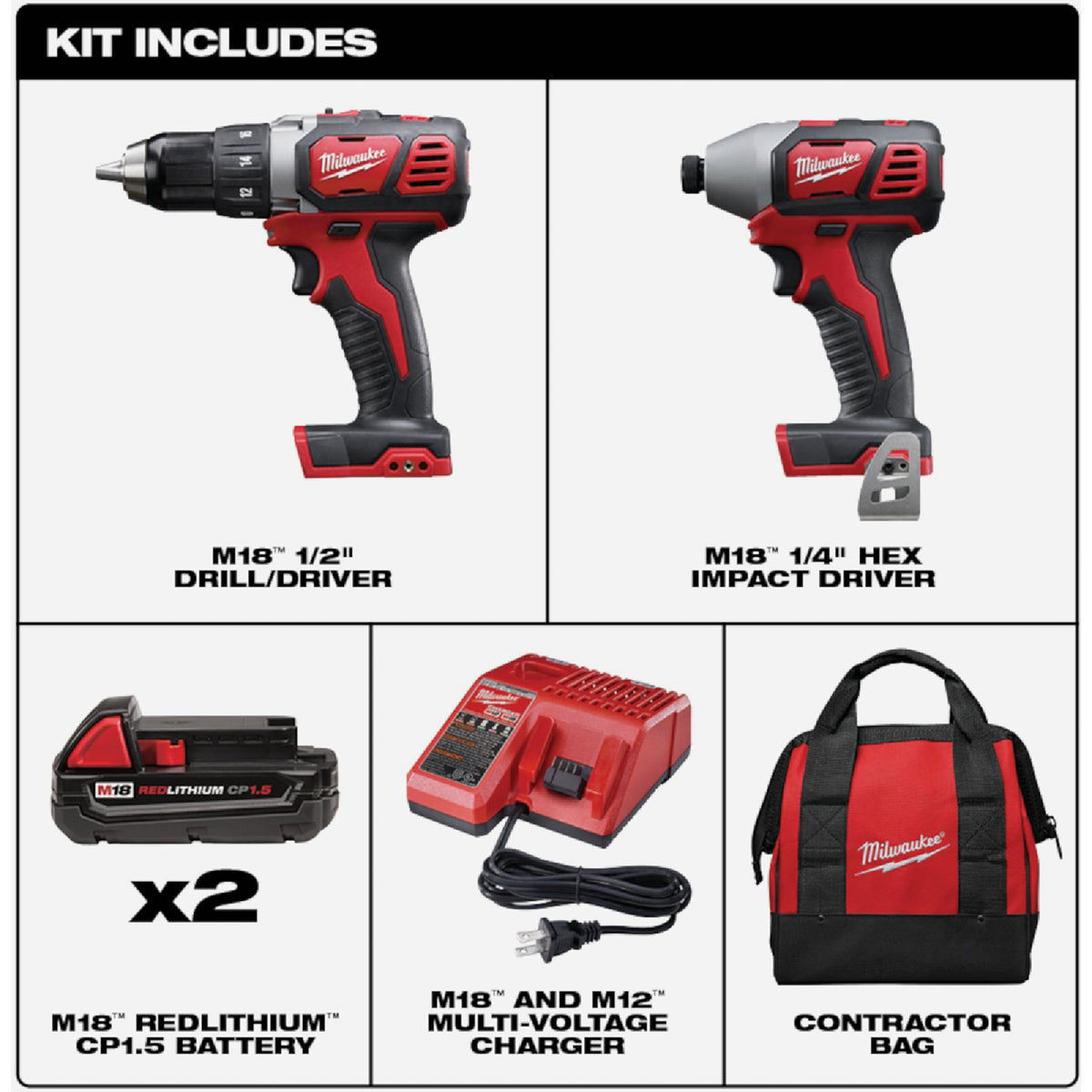 Milwaukee M18 2-Tool Cordless Compact Drill/Driver & Compact Impact ...