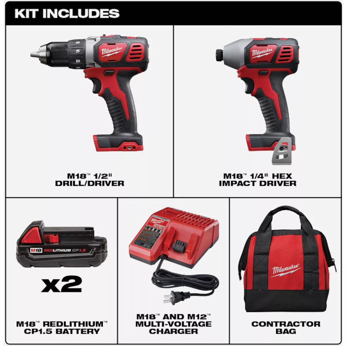 Milwaukee M18 2 Tool Cordless Compact Drill Driver Compact Impact Driver Combo Kit with 2 1.5 Ah Batteries Charger Do it Best
