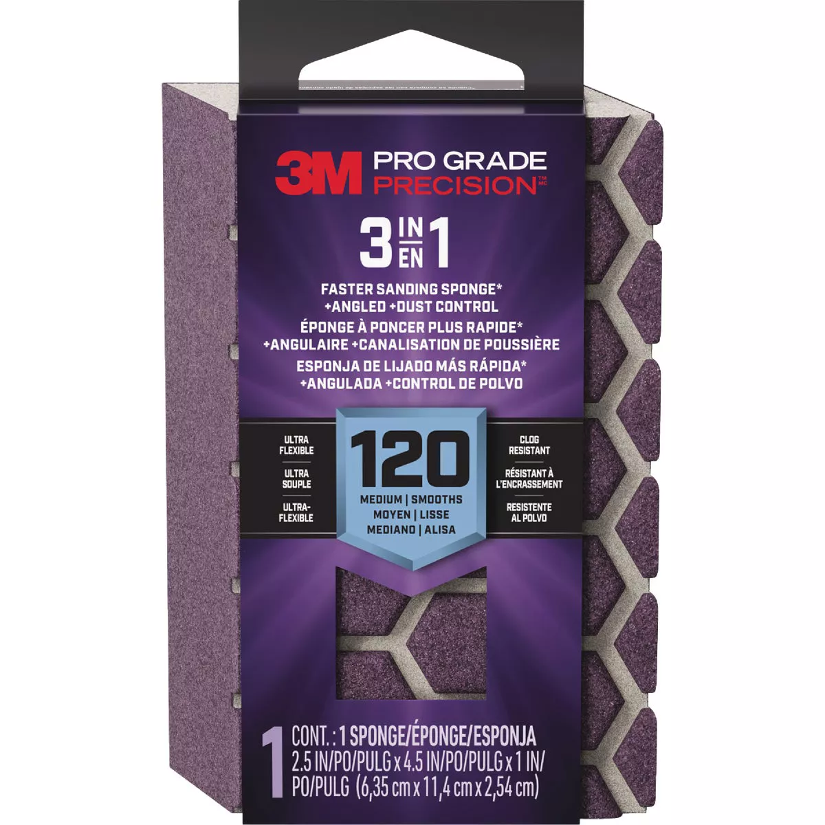 3M Pro Grade Precision 2.5 In. x 4.5 In. x 1 In. 120 Grit Medium 3-in-1 ...
