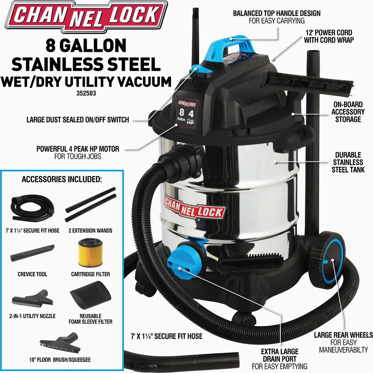 Channellock 8 Gal. 4.0-Peak HP Stainless Steel Wet/Dry Vacuum | Do it Best