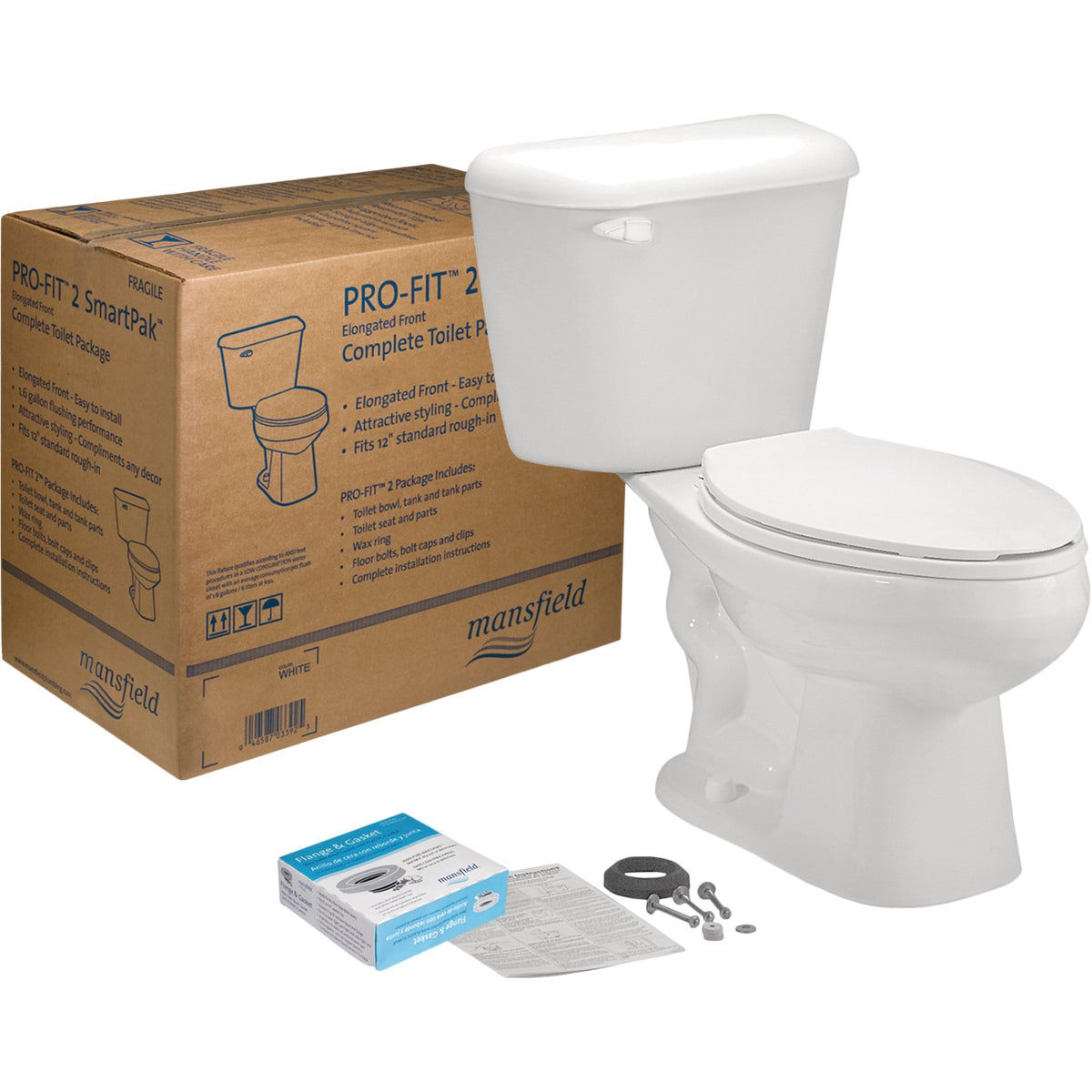 Mansfield Pro-Fit 2-128 White Elongated Bowl 1.28 GPF Complete Toilet ...