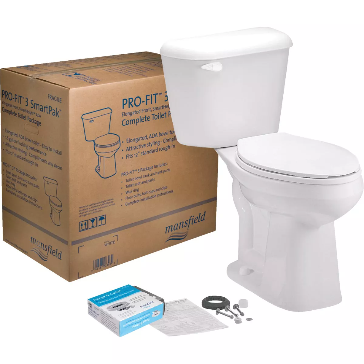 Mansfield Pro-Fit 3-128 HET Biscuit Elongated Bowl 1.28 GPF Complete ...