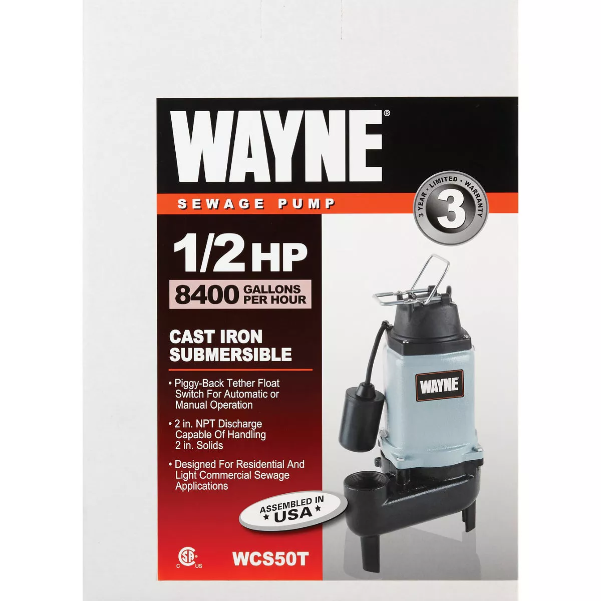 Wayne 1/2 H.P. Cast Iron Sewage Ejector Pump with Piggyback Tether ...