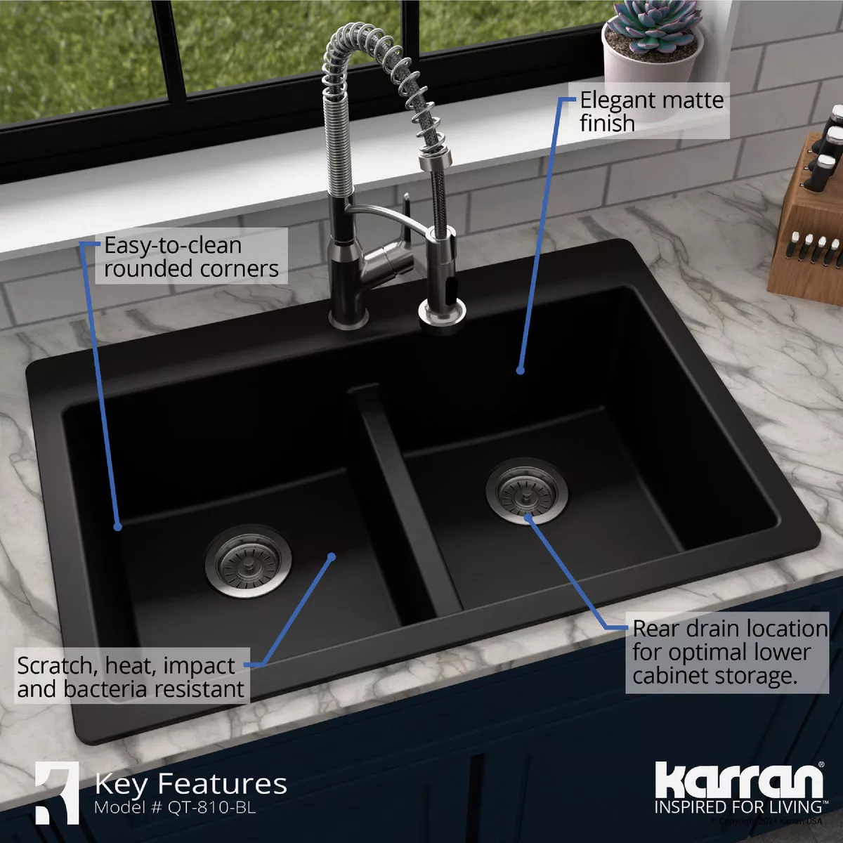 Karran 33 In. x 22 In. Black Quartz Drop-In Double Bowl Kitchen Sink ...
