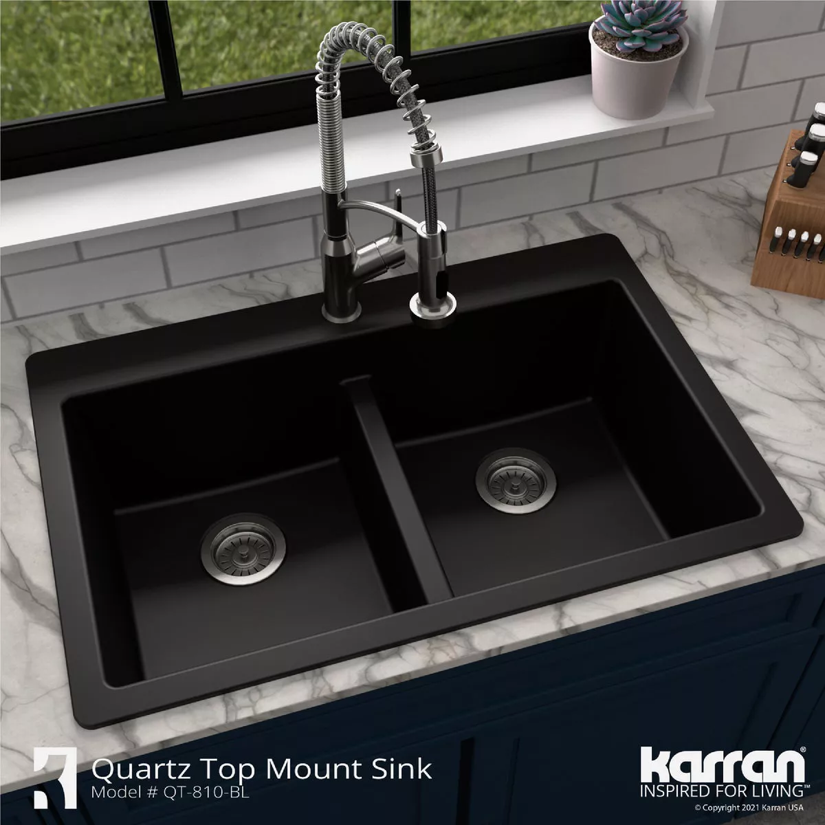 Karran 33 In. x 22 In. Black Quartz Drop-In Double Bowl Kitchen Sink ...