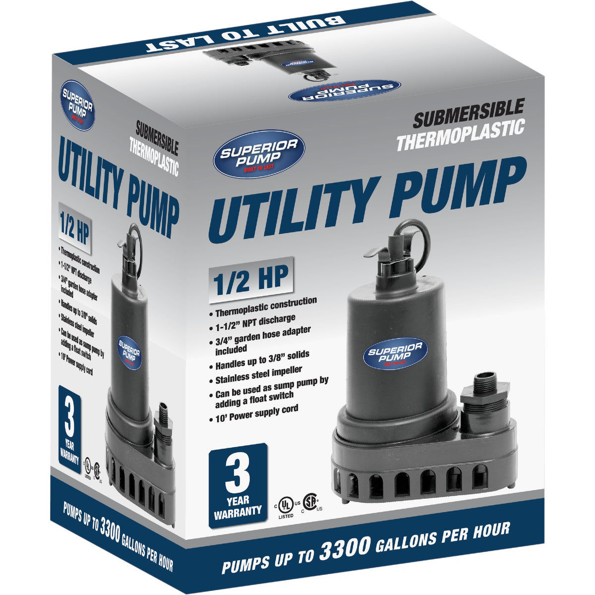 Superior Pump 1/2 HP 3300 GPH Thermoplastic Submersible Utility Pump ...