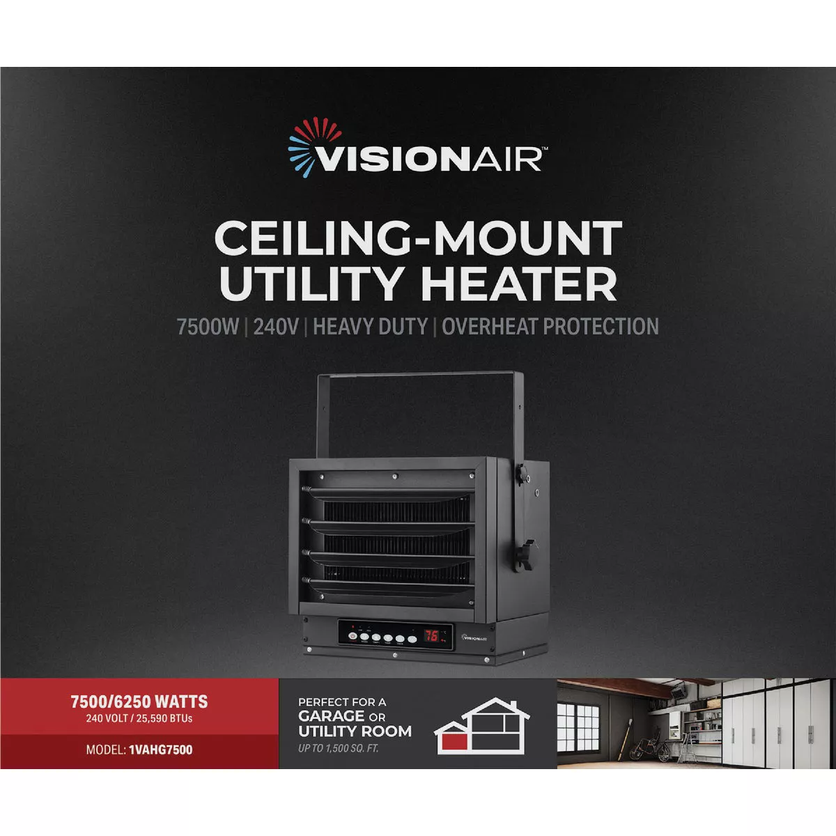 Vision Air 7500W/6250W 240V Wire Element Electric Ceiling Mount Heater ...