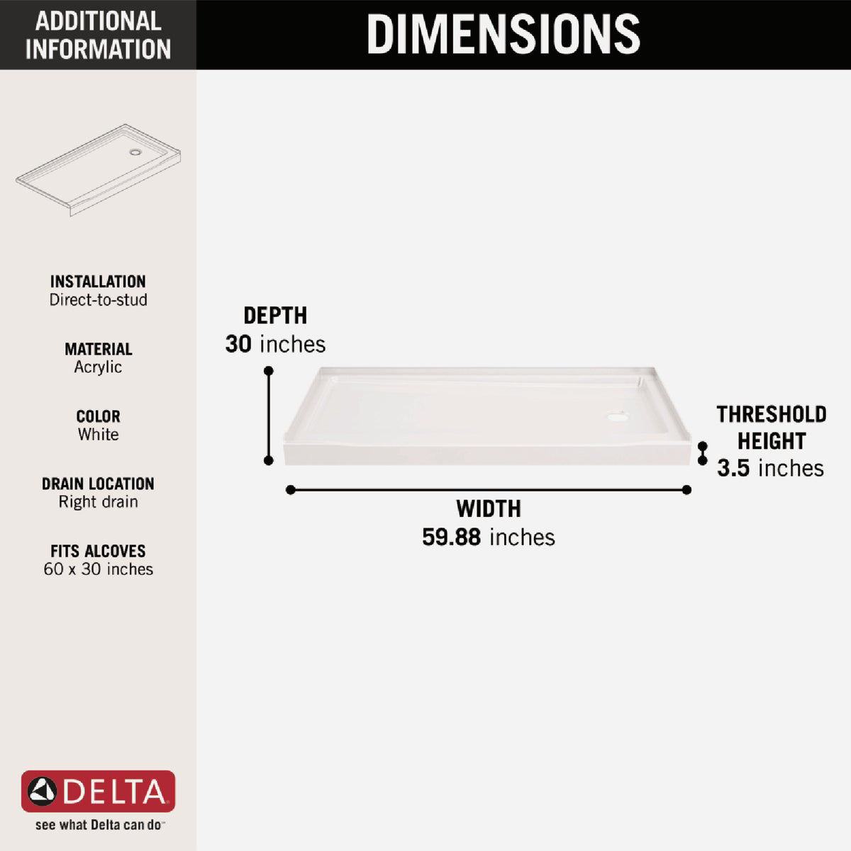 Delta Classic 500 60 In. x 30 In. Right Drain Shower Pan, White | Do it ...