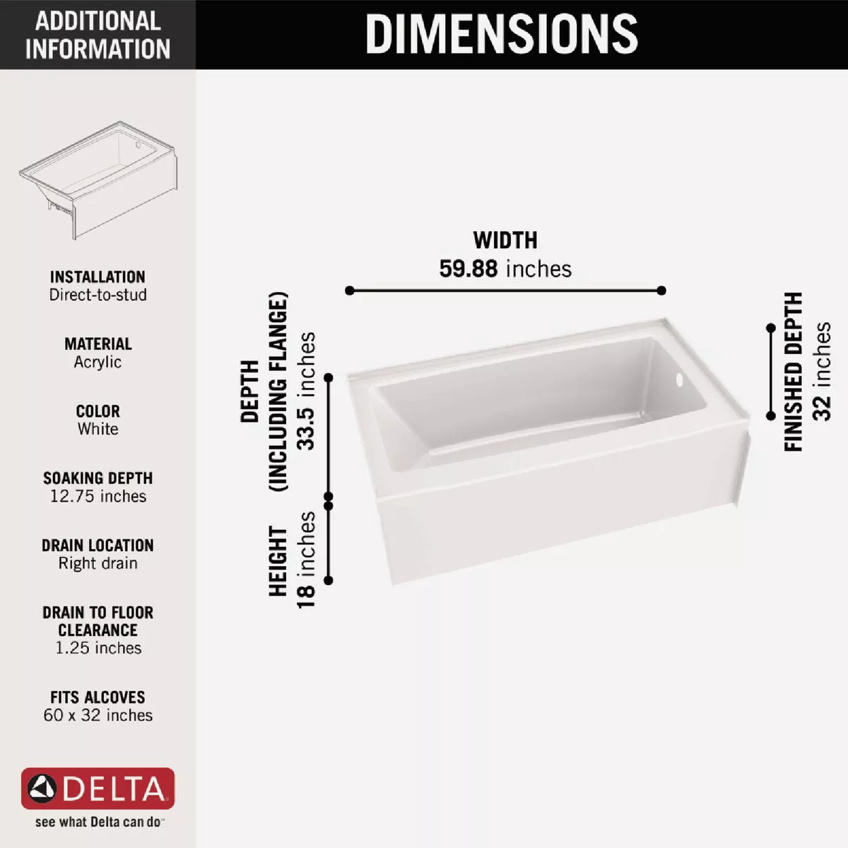 Delta Classic 500 60 In. L x 32 In. W Right Drain Rectangular Alcove ...