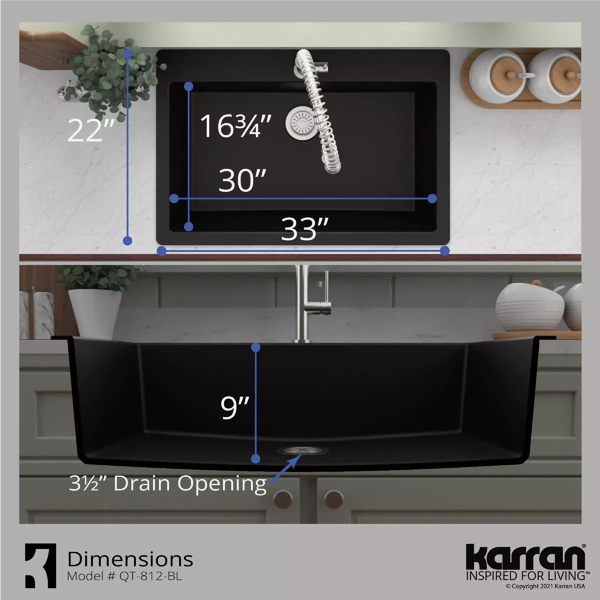 Karran 33 In. x 22 In. Black Quartz Drop-In Single Bowl Kitchen Sink ...