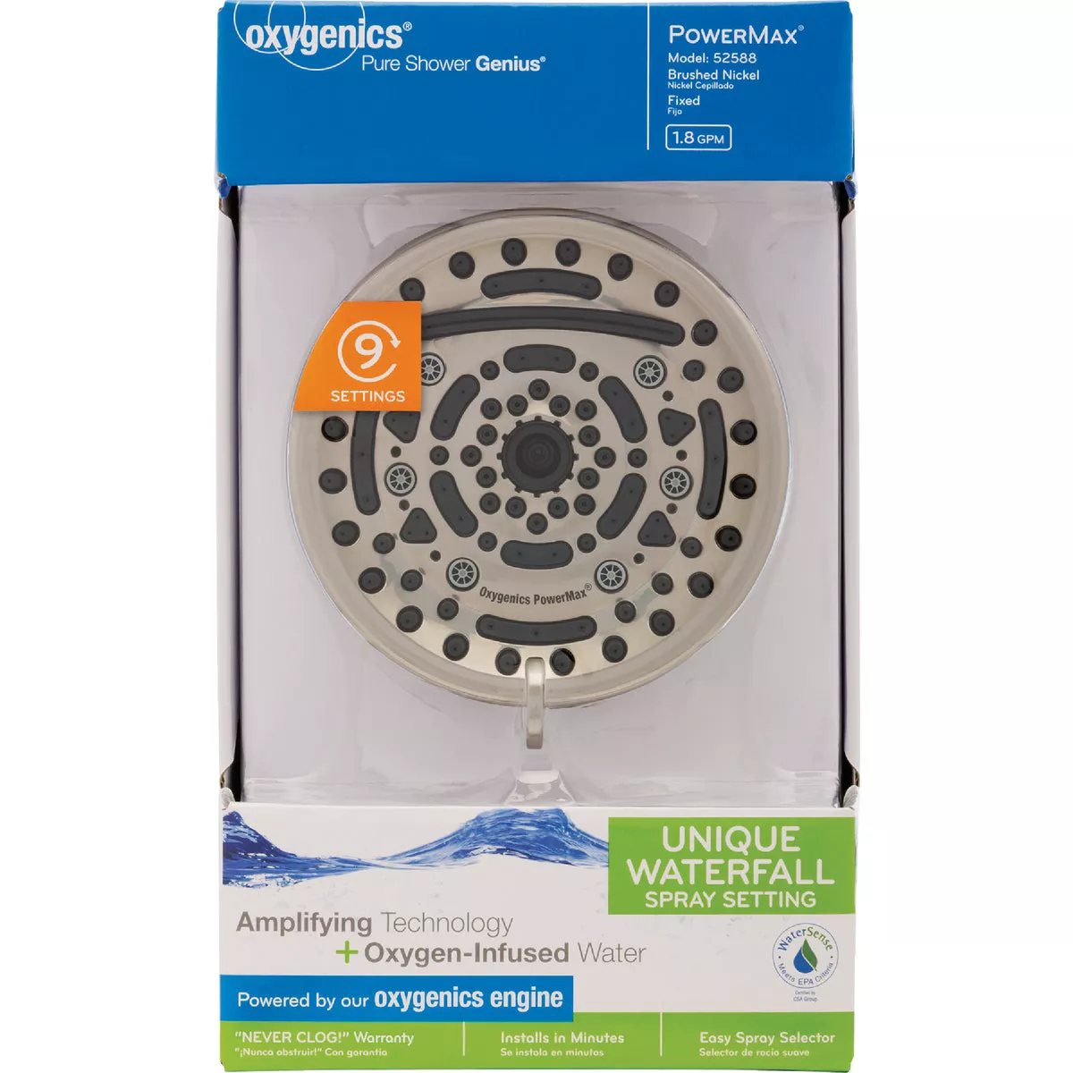 Oxygenics PowerMax 9-Spray 1.8 GPM Fixed Shower Head, Brushed Nickel ...