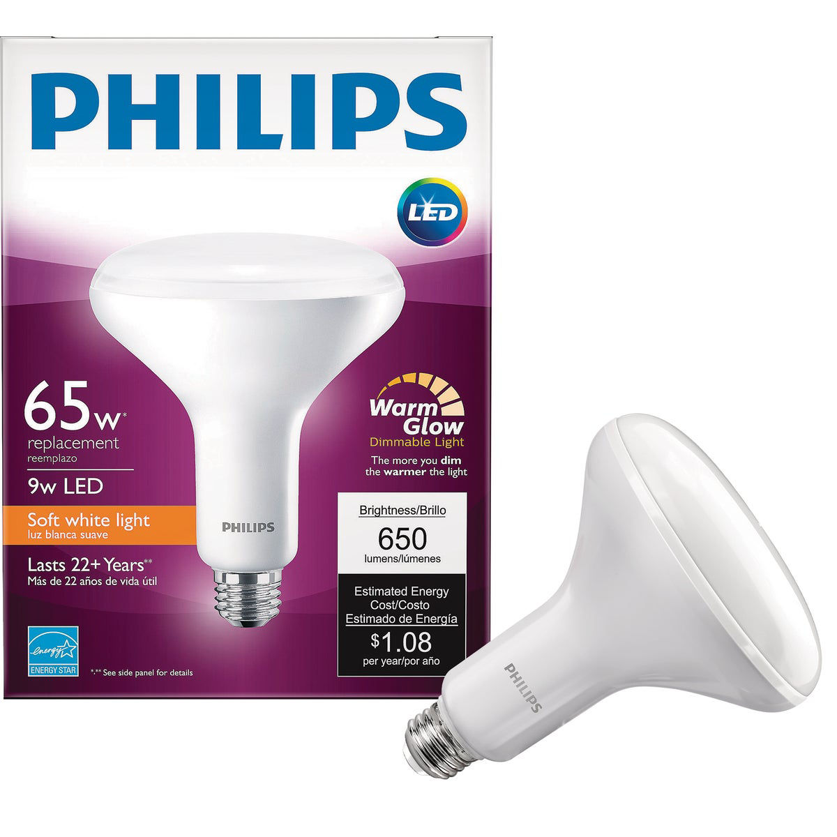 Philips Warm Glow 65W Equivalent Soft White BR40 Medium Dimmable LED ...