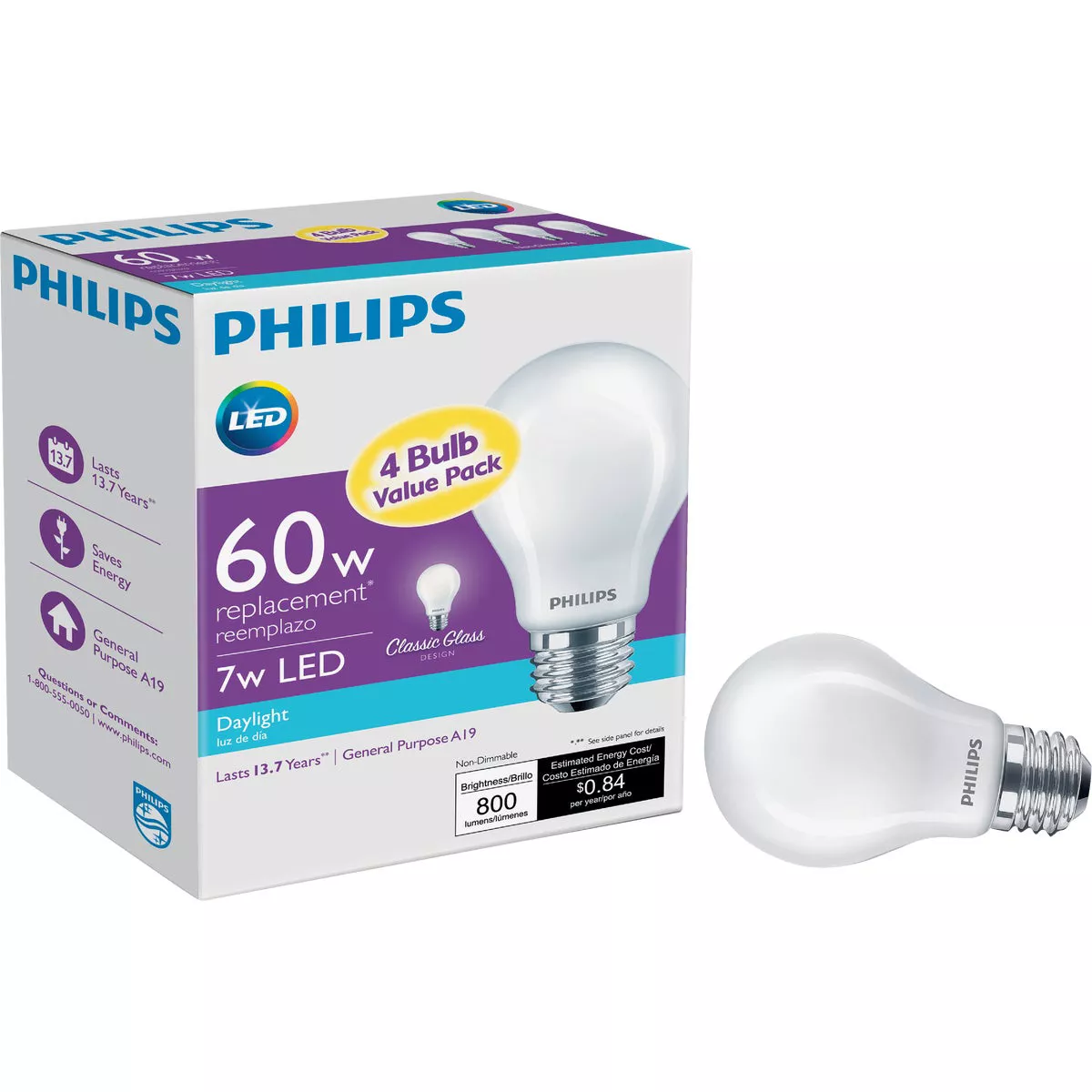 Philips 60W Equivalent Daylight A19 Medium LED Light Bulb (4-Pack ...
