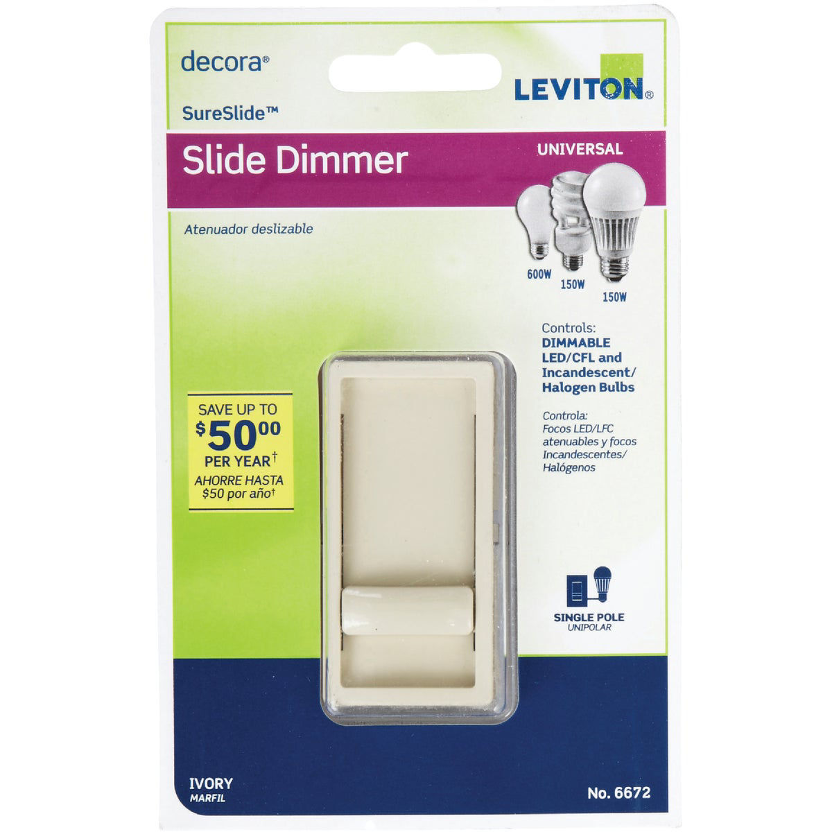 Leviton Decora Incandescent/Halogen/LED/CFL Ivory Slide Dimmer Switch ...
