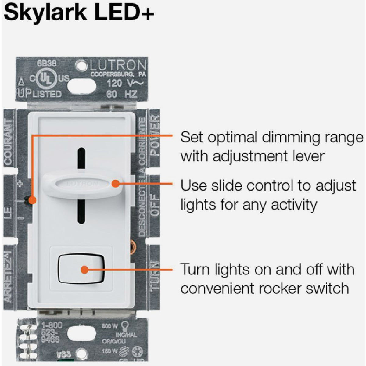 Lutron Skylark Incandescent/Halogen/LED/CFL White Slide Dimmer Switch ...