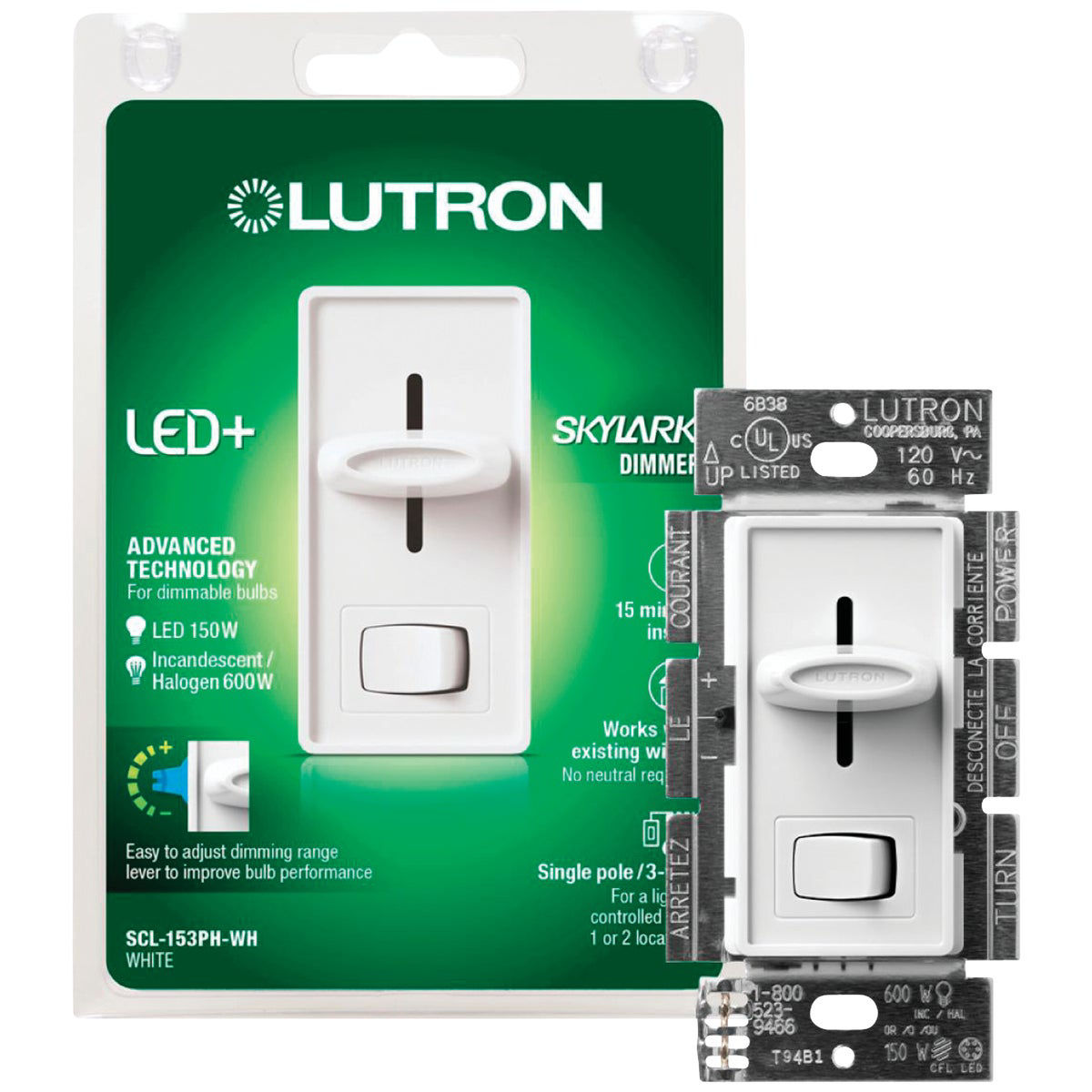Lutron Skylark Incandescent/Halogen/LED/CFL White Slide Dimmer Switch ...