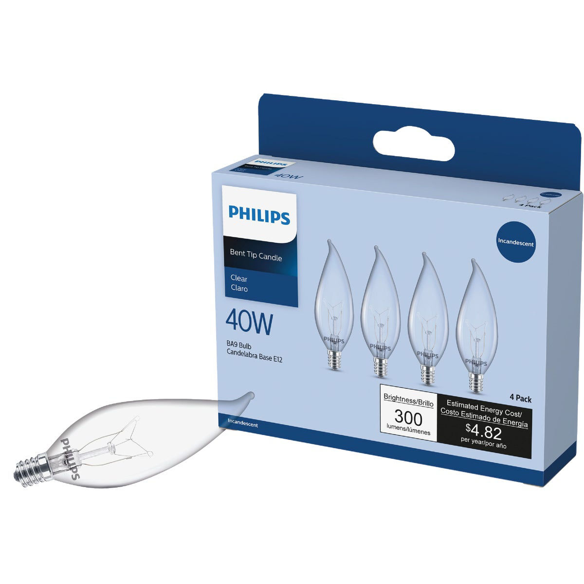 Philips DuraMax 40W Clear Candelabra BA9 Incandescent Bent Tip Light ...