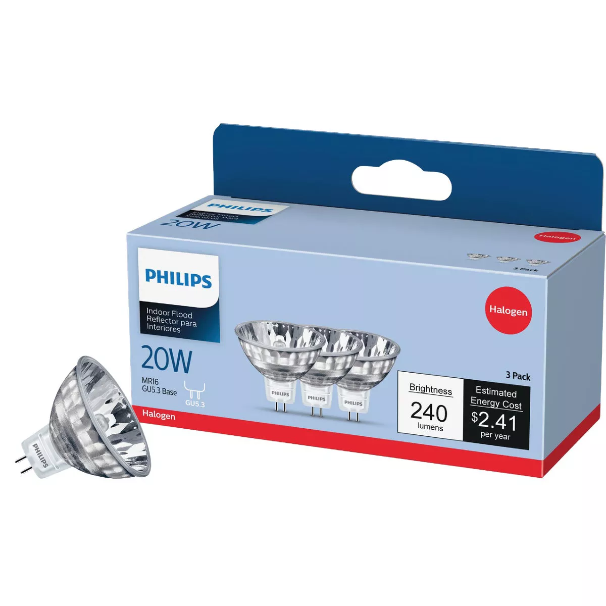 Philips 20W Clear GU5.3 Base MR16 Halogen Floodlight Light Bulb (3-Pack ...