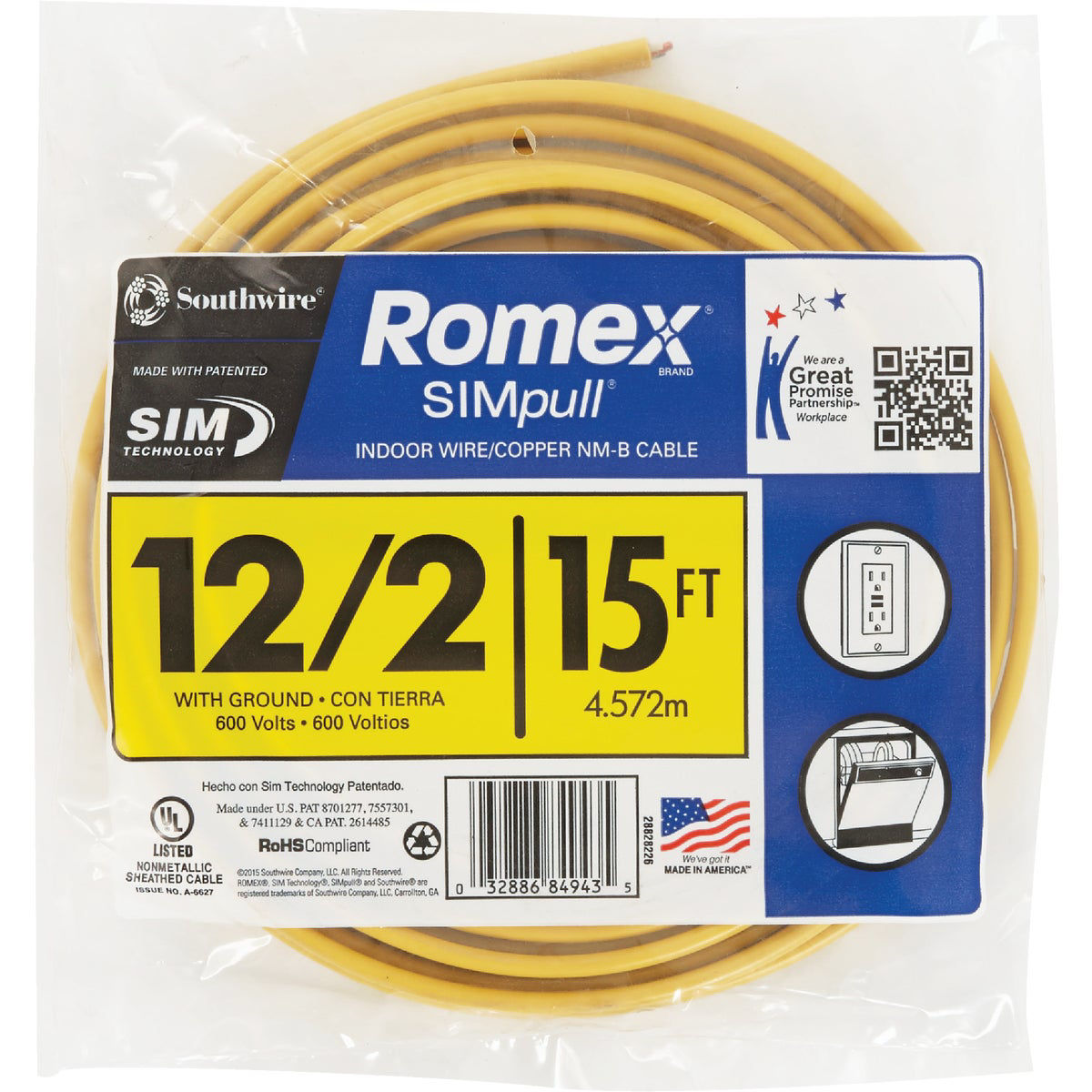 Romex 15 Ft. 12/2 Solid Yellow NMW/G Electrical Wire | Do it Best