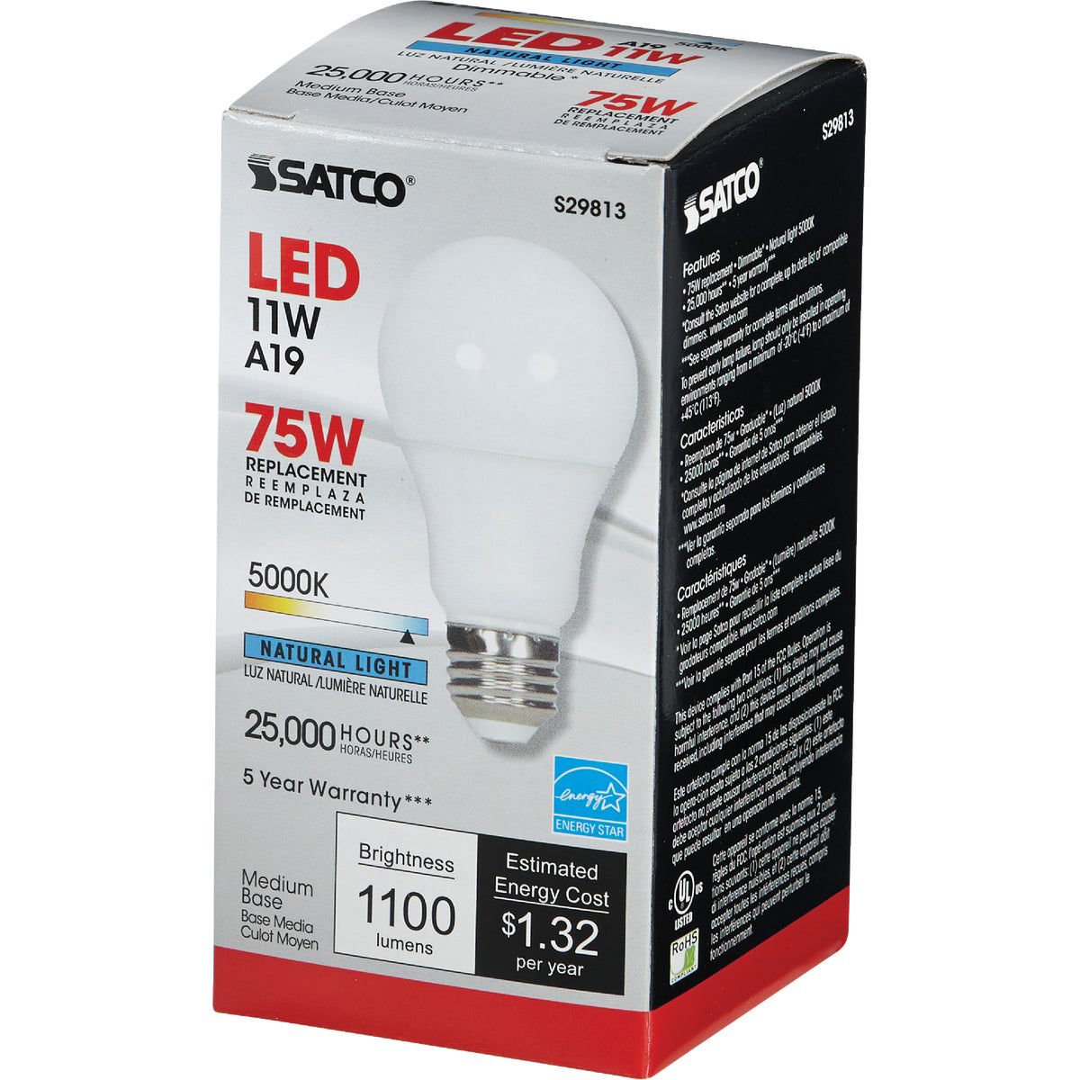 Satco 75W Equivalent Natural Light A19 Medium Dimmable LED Light Bulb ...