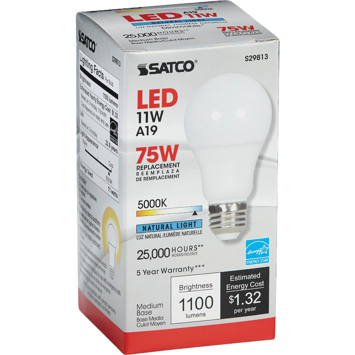 Satco 75W Equivalent Natural Light A19 Medium Dimmable LED Light Bulb ...