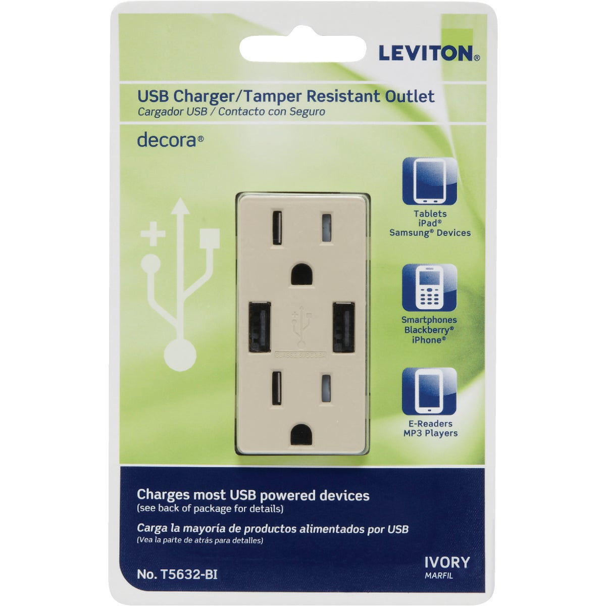 Leviton Decora 3.6A 5V Ivory 2-Port USB Charging Outlet with 5-15R ...