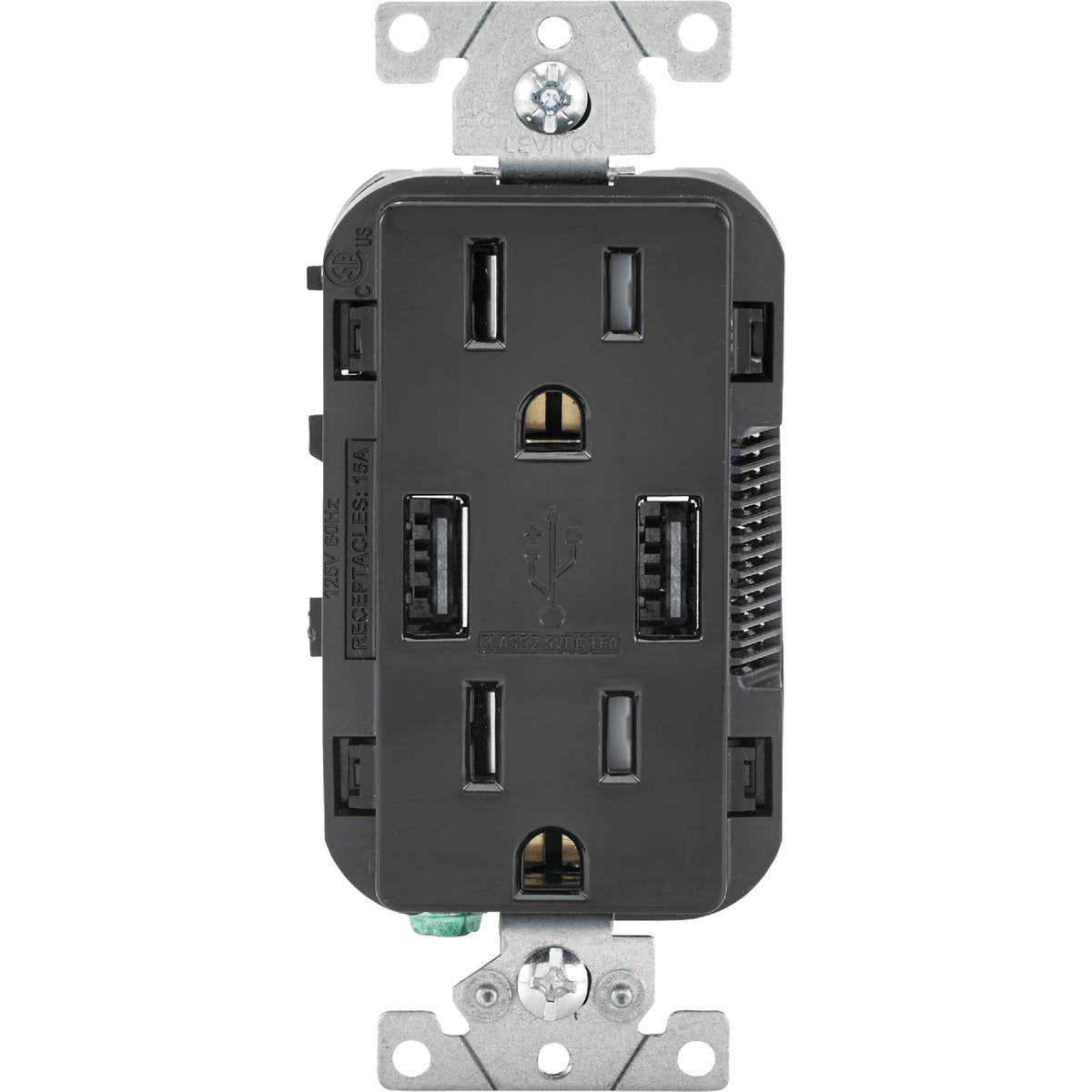 Leviton Decora 3.6A 5V Black 2-Port USB Charging Outlet with 5-15R ...