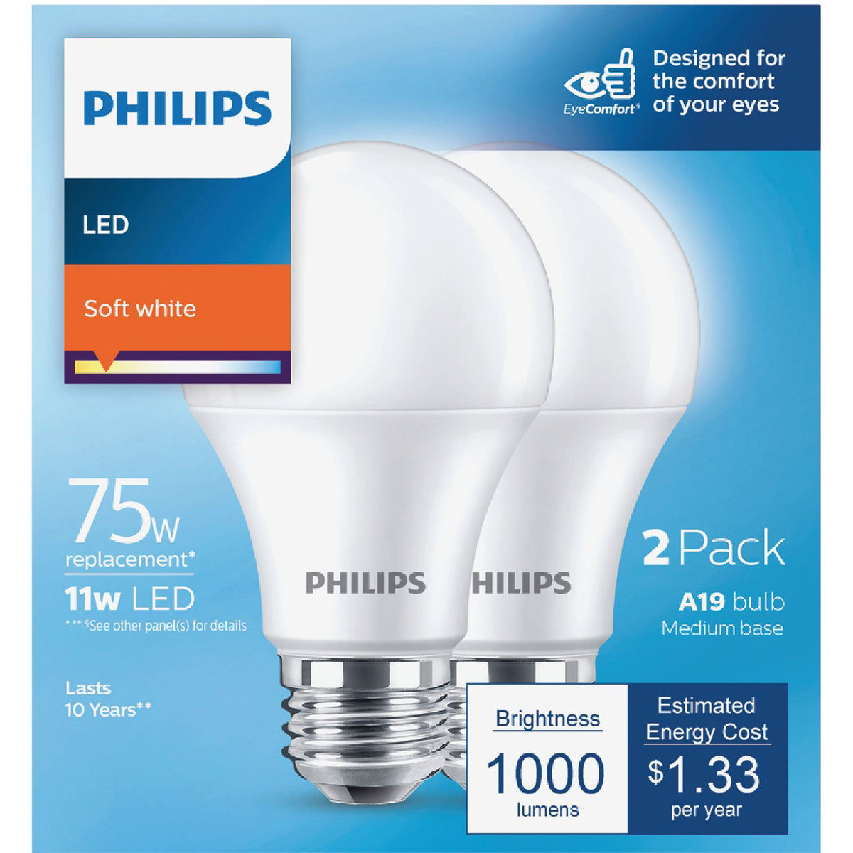 Philips 75W Equivalent Soft White A19 Medium LED Light Bulb (2-Pack ...