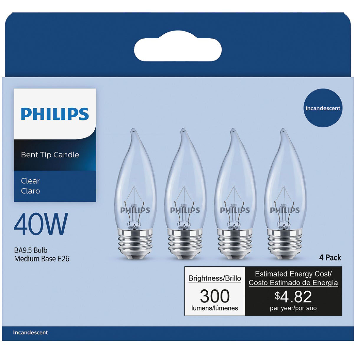 Philips DuraMax 40W Clear Medium BA9.5 Incandescent Bent Tip Light Bulb ...
