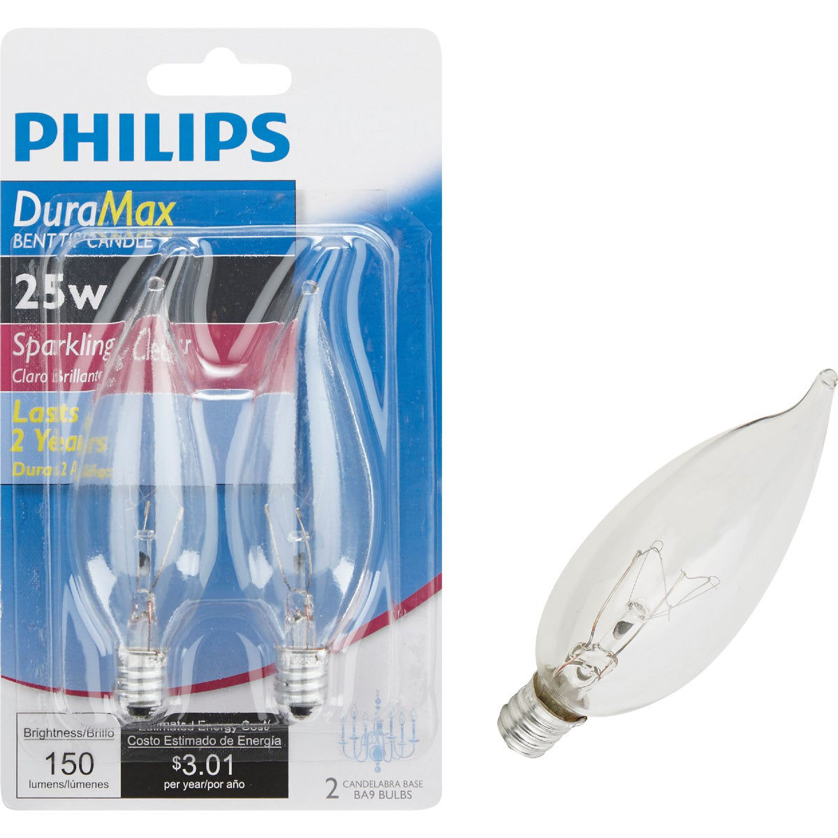 Philips DuraMax 25W Clear Candelabra Base BA9 Incandescent Bent Tip ...