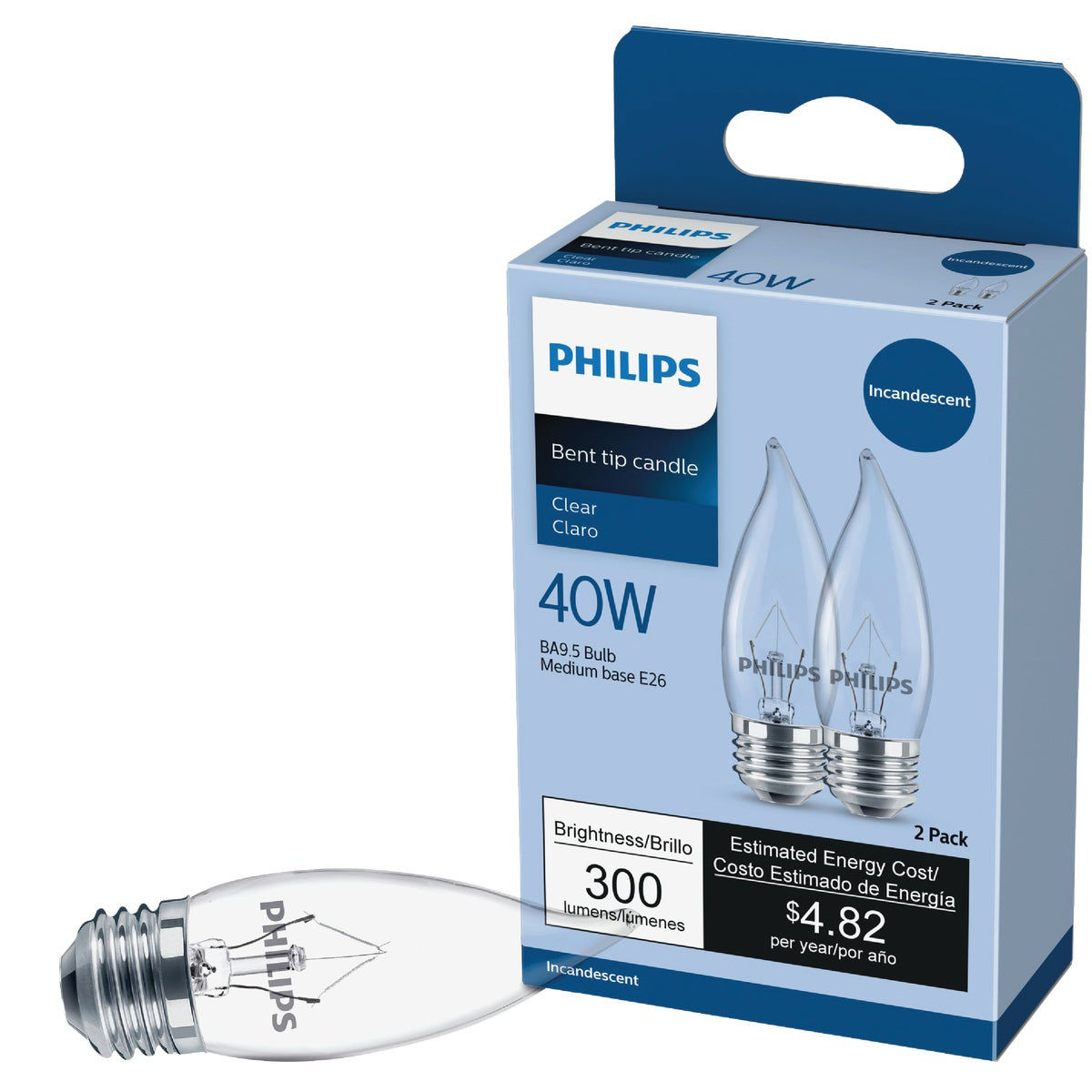 Philips DuraMax 40W Clear Medium BA9.5 Incandescent Bent Tip Light Bulb ...