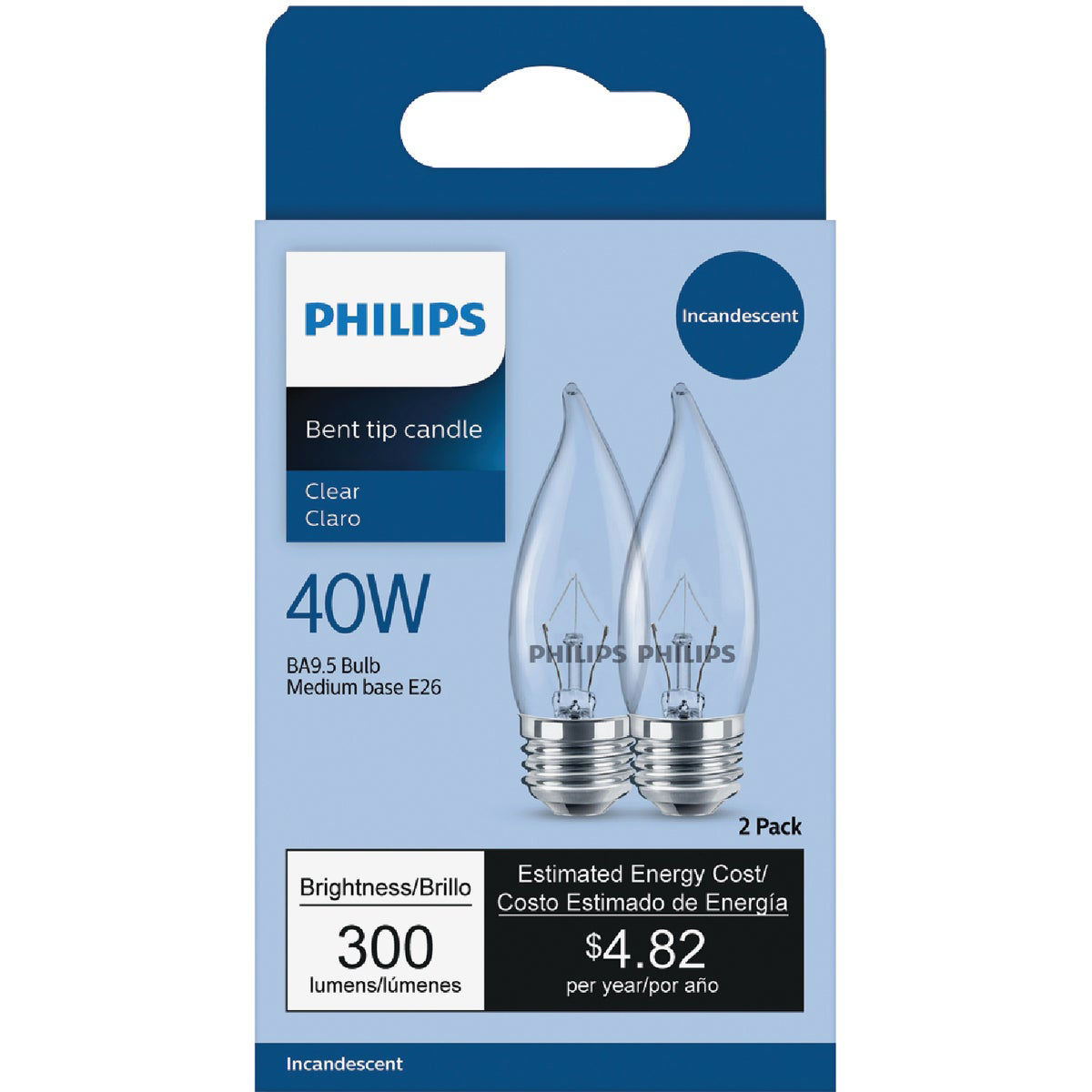 Philips DuraMax 40W Clear Medium BA9.5 Incandescent Bent Tip Light Bulb ...