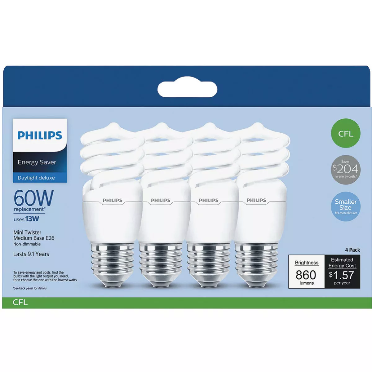 Philips Energy Saver 60W Equivalent Daylight Medium Base T2 Spiral CFL ...