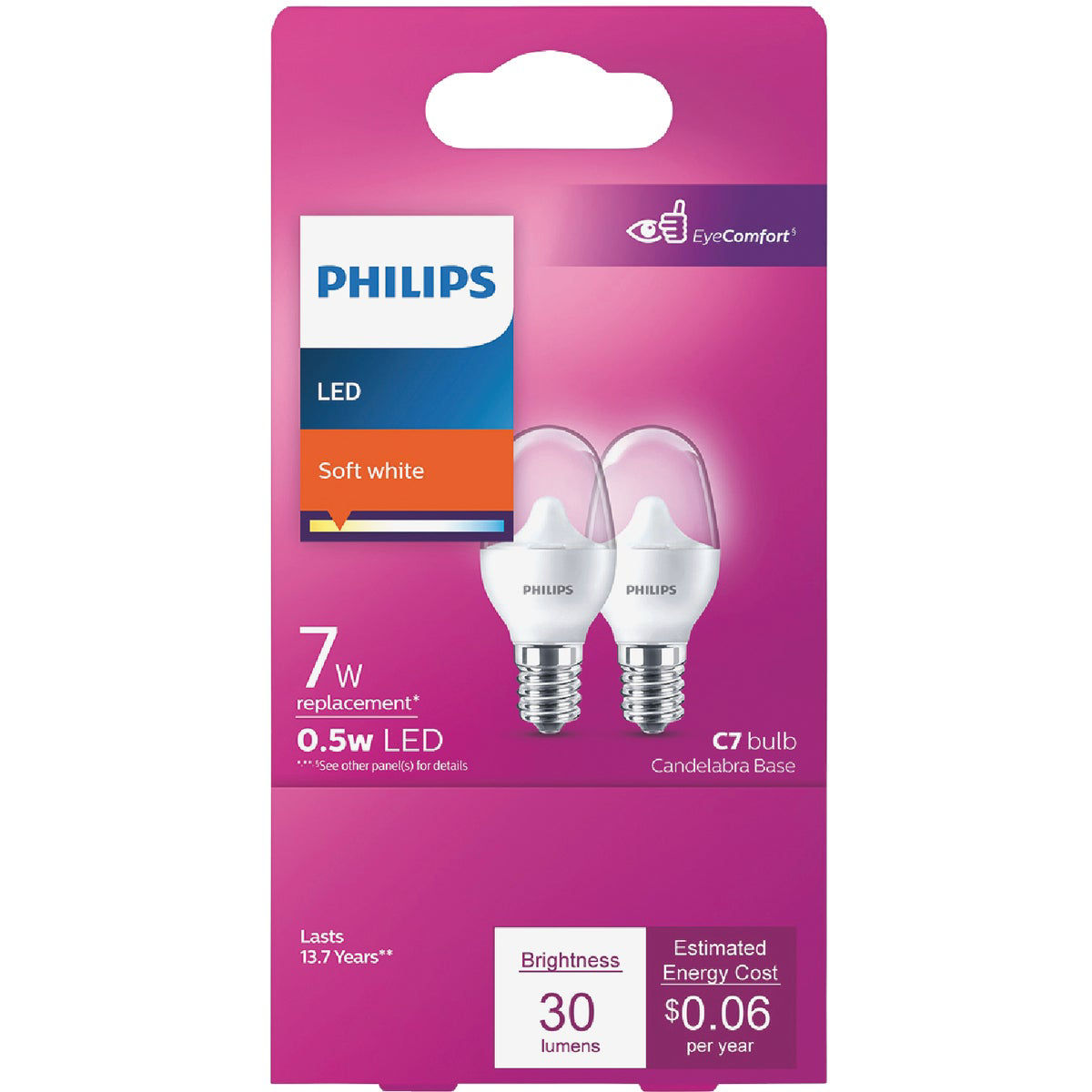 Philips 7W Equivalent Soft White C7 Candelabra LED Night-Light Bulb ...