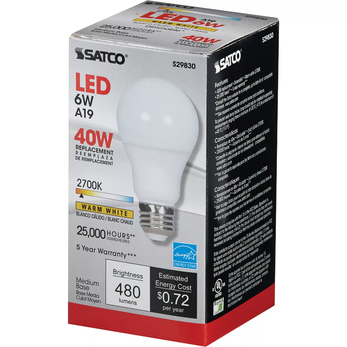 Satco 40W Equivalent Warm White A19 Medium Dimmable LED Light Bulb ...