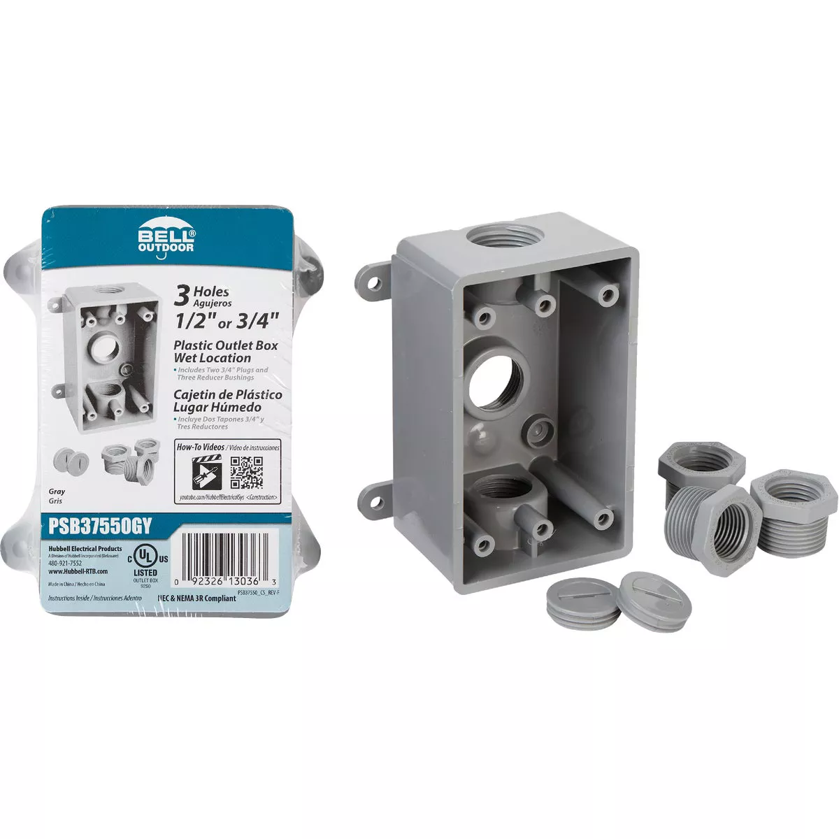 Bell Single Gang 1/2 In.,3/4 In. 3-Outlet Gray PVC Weatherproof Outdoor ...