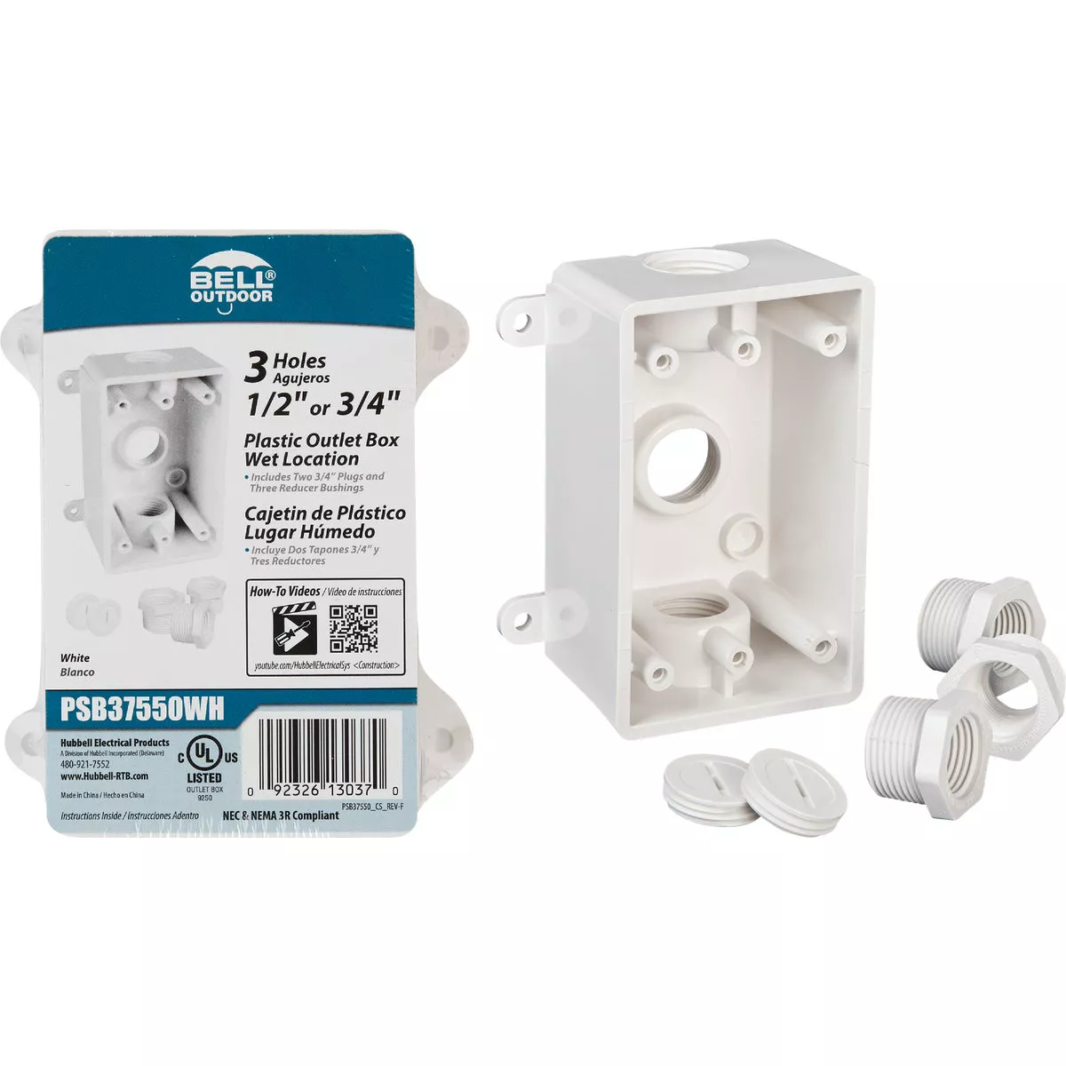 Bell Single Gang 1/2 In.,3/4 In. 3-Outlet White PVC Weatherproof ...