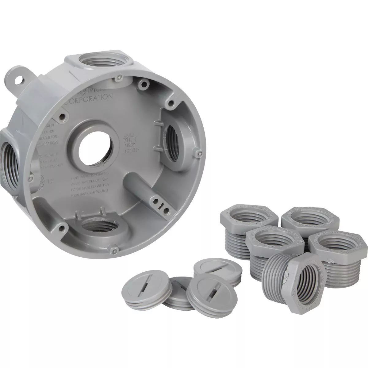 Bell Single Gang 1/2 In.,3/4 In. 5-Outlet Gray Round PVC Weatherproof ...