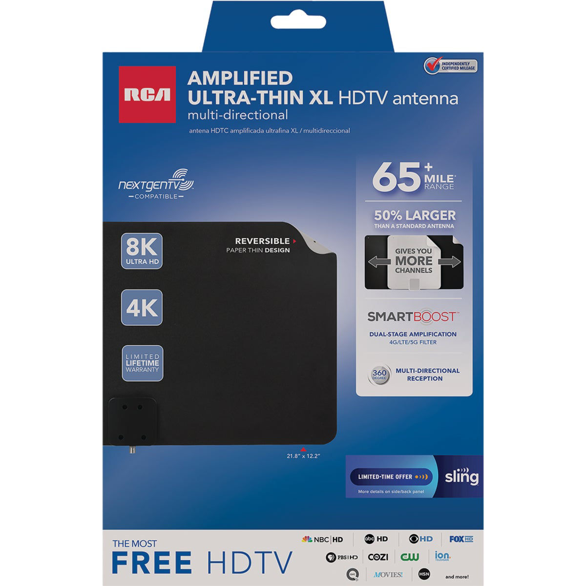 RCA Amplified Ultra-Thin Multi-Directional XL Indoor HDTV Antenna | Do ...