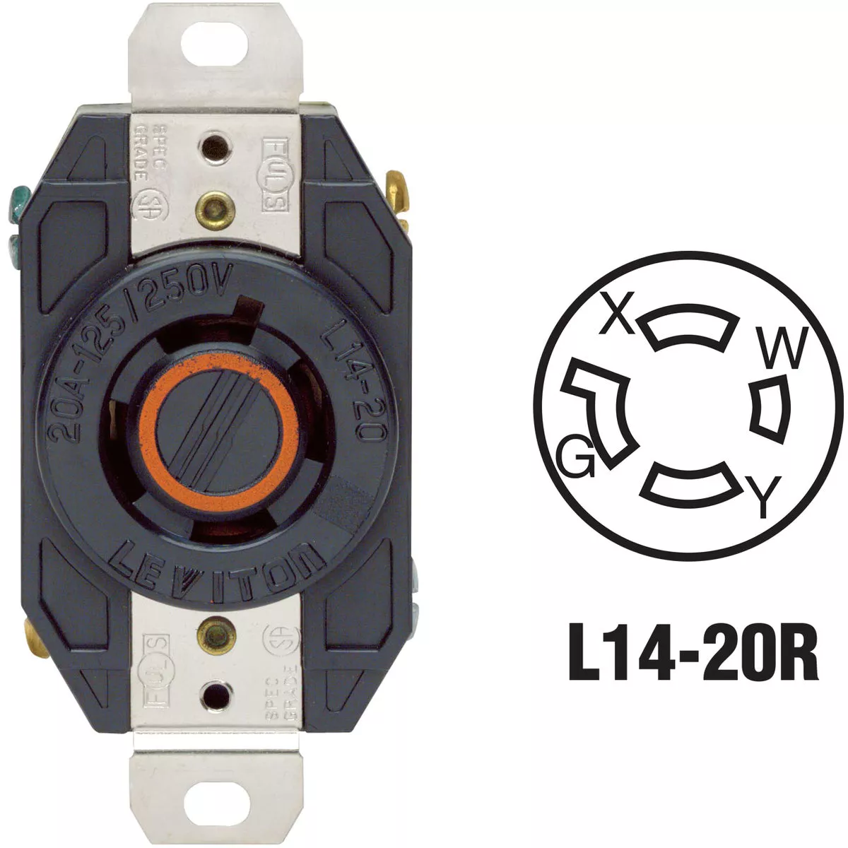 Leviton 20A 125V/250V Black Industrial Grade L14-20R Locking Outlet ...
