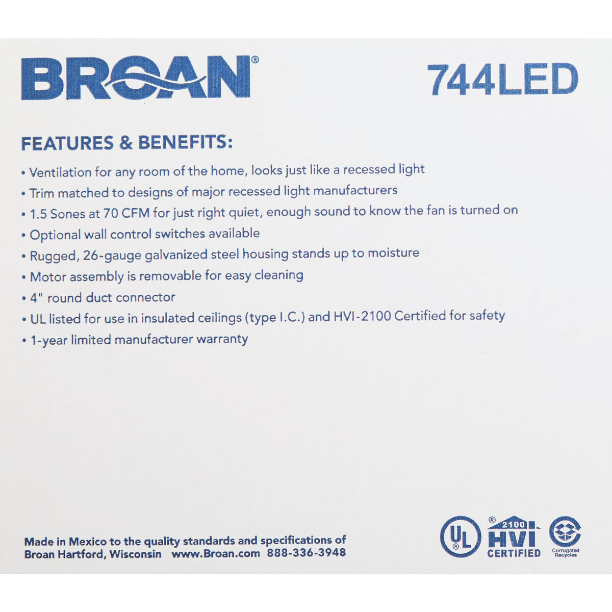 Broan 70CFM 1.5 Sones 120V Recessed Bath Exhaust Fan with LED Light ...