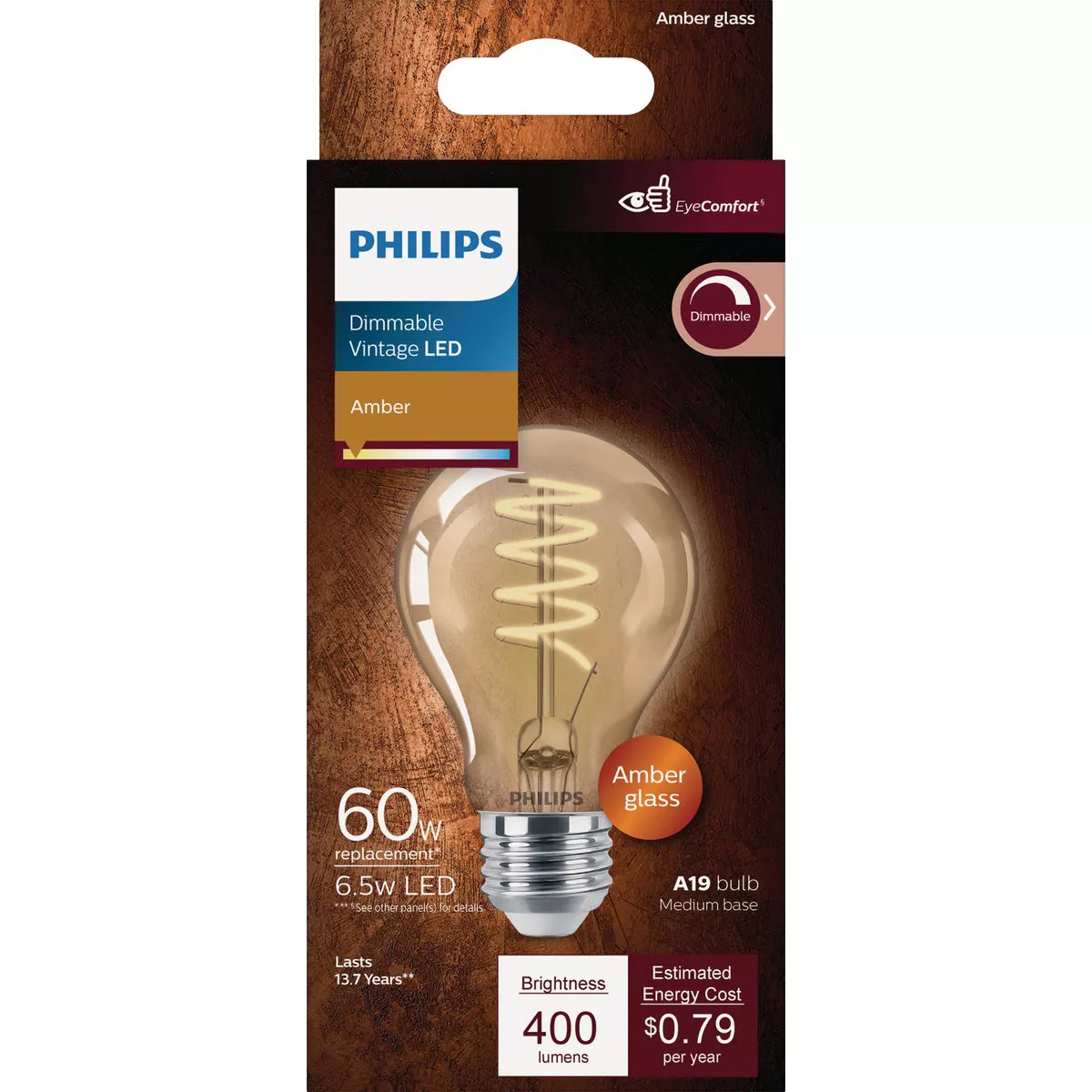 Philips 60W Equivalent Amber Medium A19 Dimmable Vintage LED Light Bulb ...