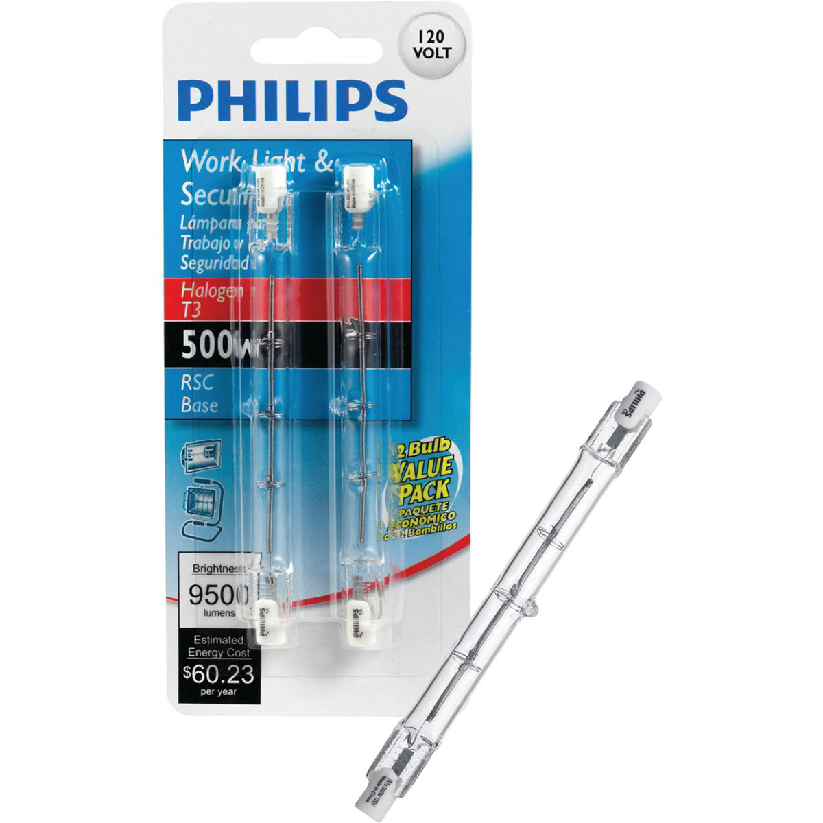 Philips 500W 120V Clear RSC Base T3 Halogen Work Light Bulb (2-Pack ...
