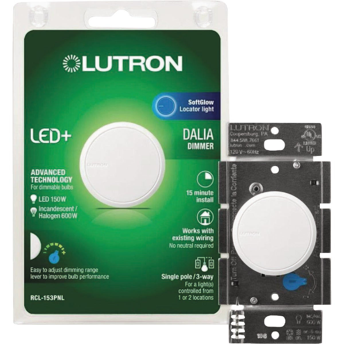Lutron Dalia LED+ White 150W Single-Pole/3-Way LED Illuminated Rotary ...