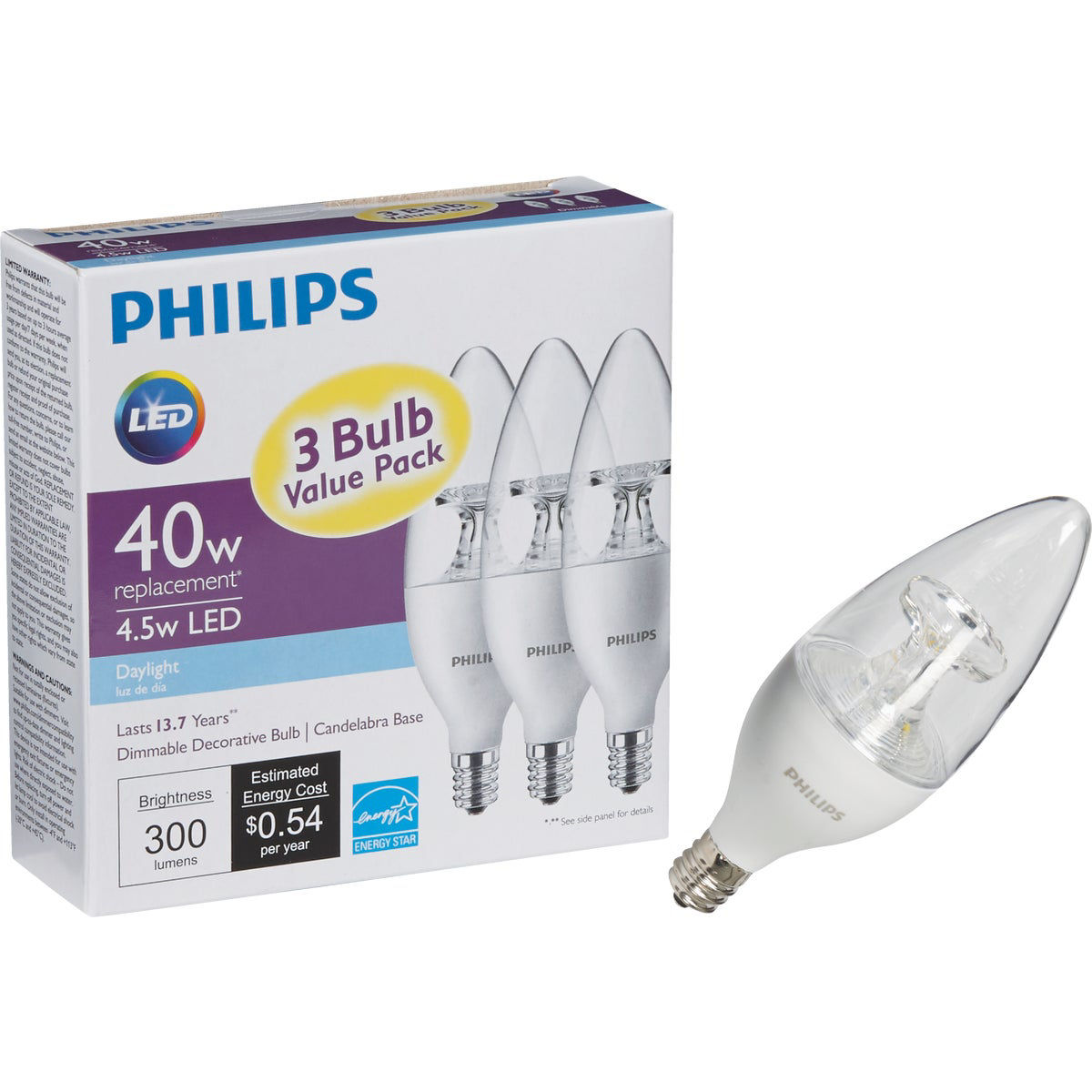 Philips 40W Equivalent Daylight B11 Candelabra Dimmable LED Decorative Light Bulb (3-Pack) | Do ...