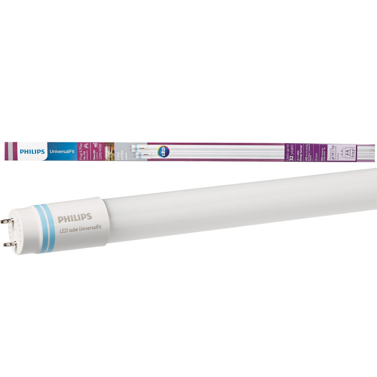 Philips UniversalFit 32W/40W Equivalent 48 In. Cool White T8 Bi-Pin LED ...