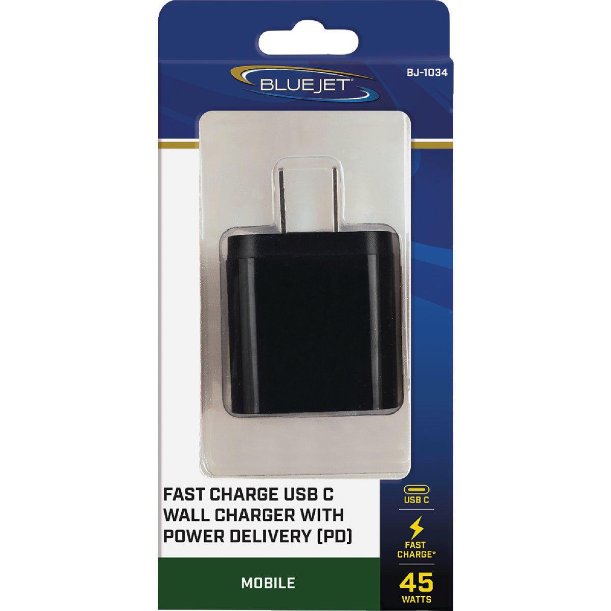Blue Jet AC Outlet Black Fast Charge 45W Wall USB-C Charger with Power ...