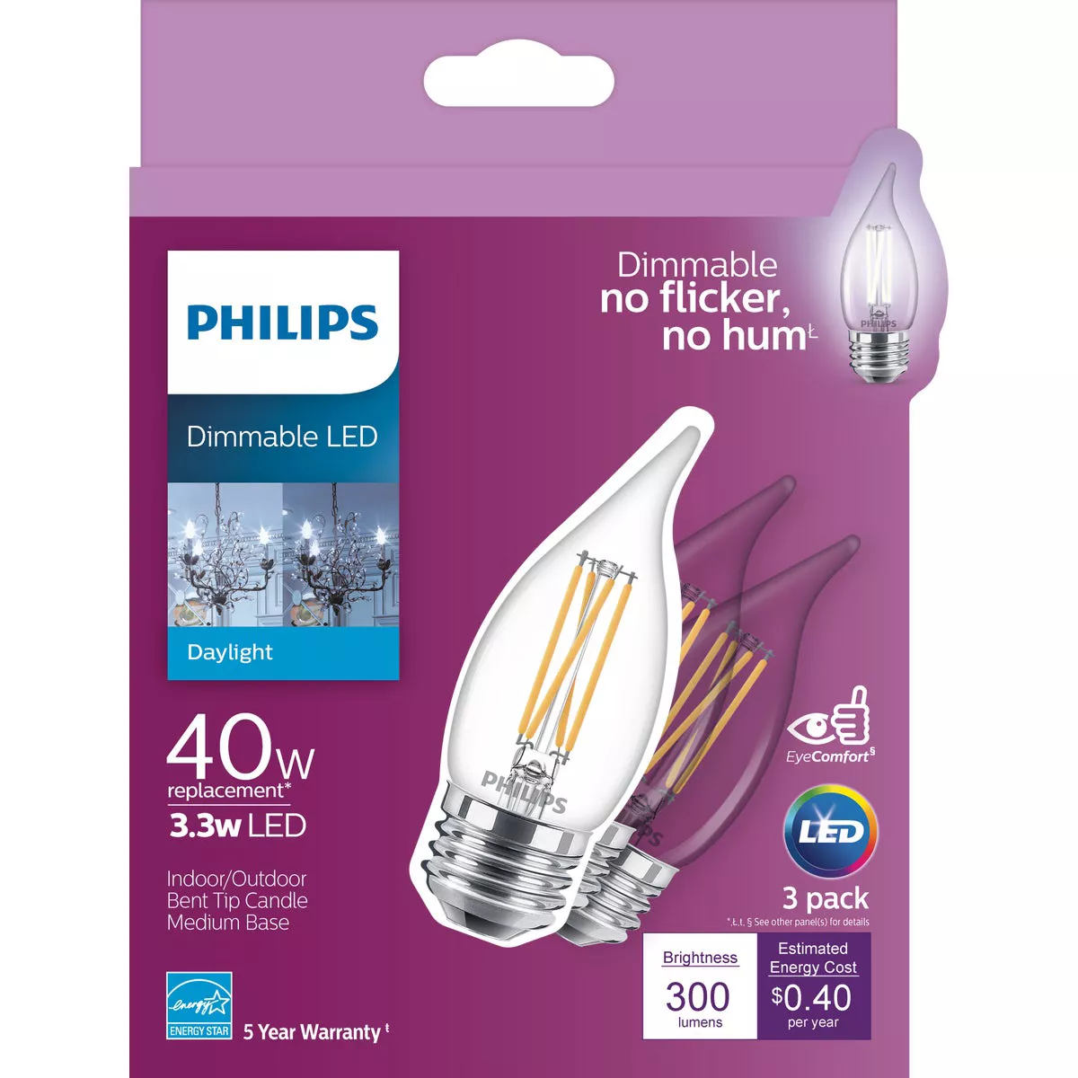 Philips 40W Equivalent Daylight BA11 Medium LED Decorative Light Bulb ...