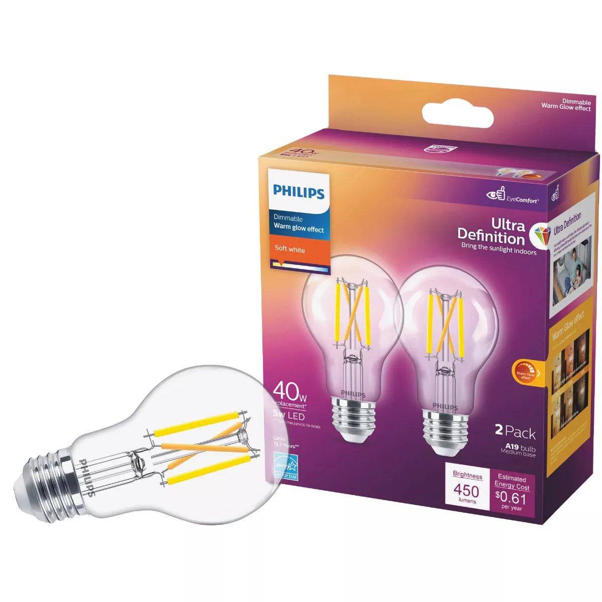 Philips Warm Glow 40W Equivalent Soft White A19 Medium Dimmable LED ...